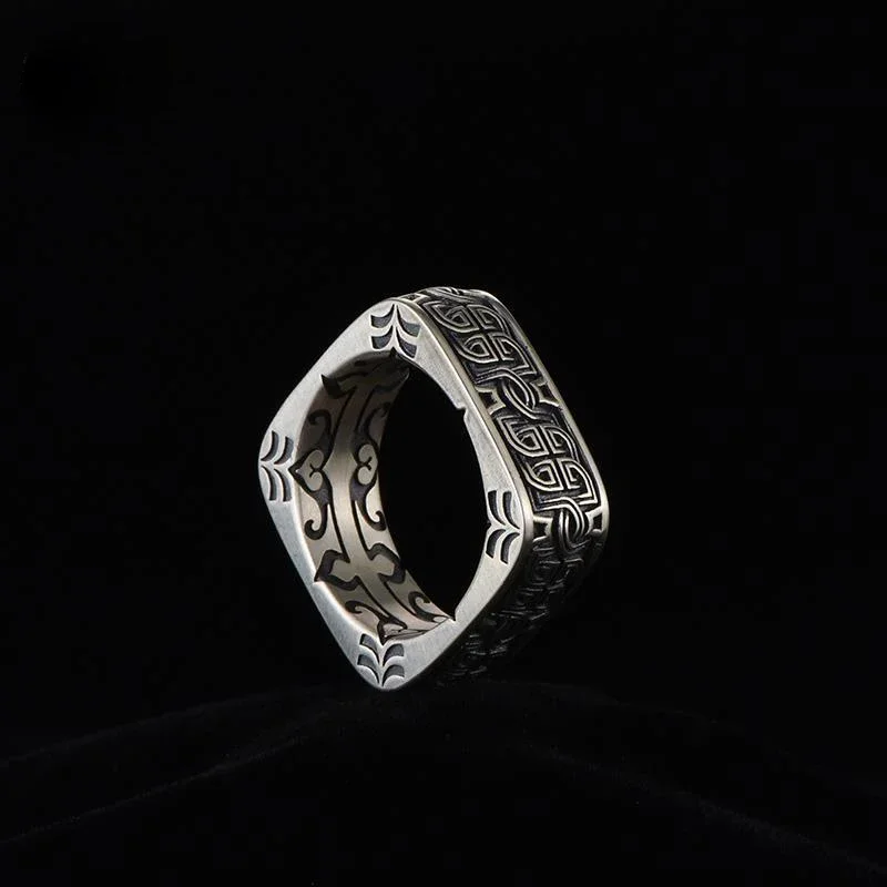 Square Ring for Men with Carved Design | Free Shipping!